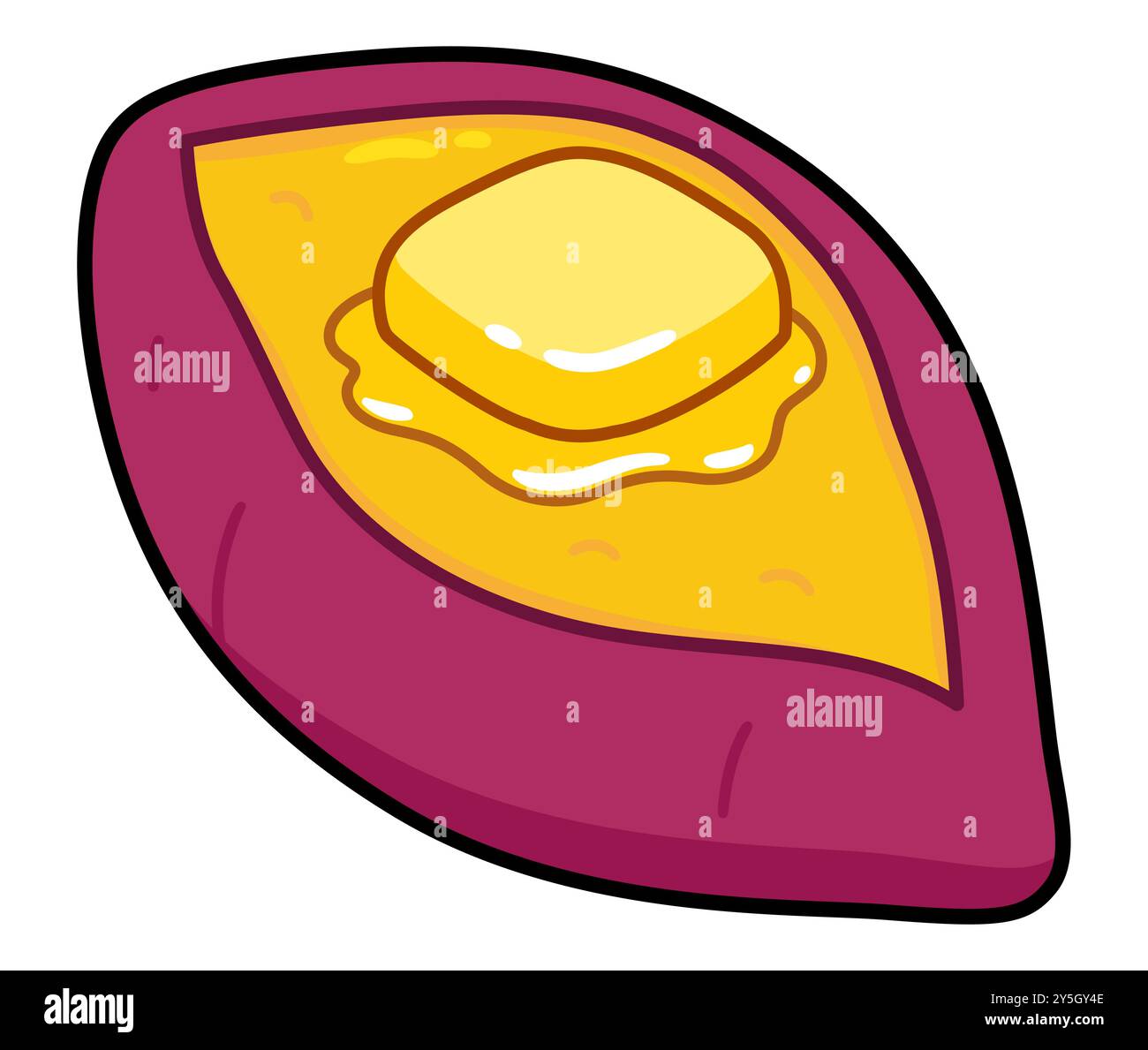 Baked sweet potato with butter. Cartoon drawing of cooked skin-on yam ...