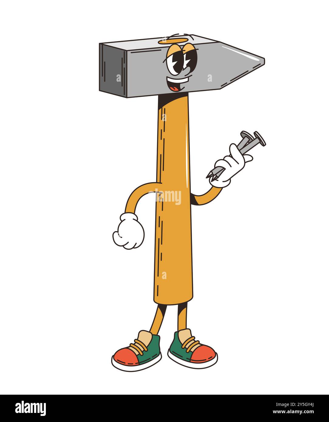 Retro groovy hammer tool, cartoon funny character holding nails in hand ...