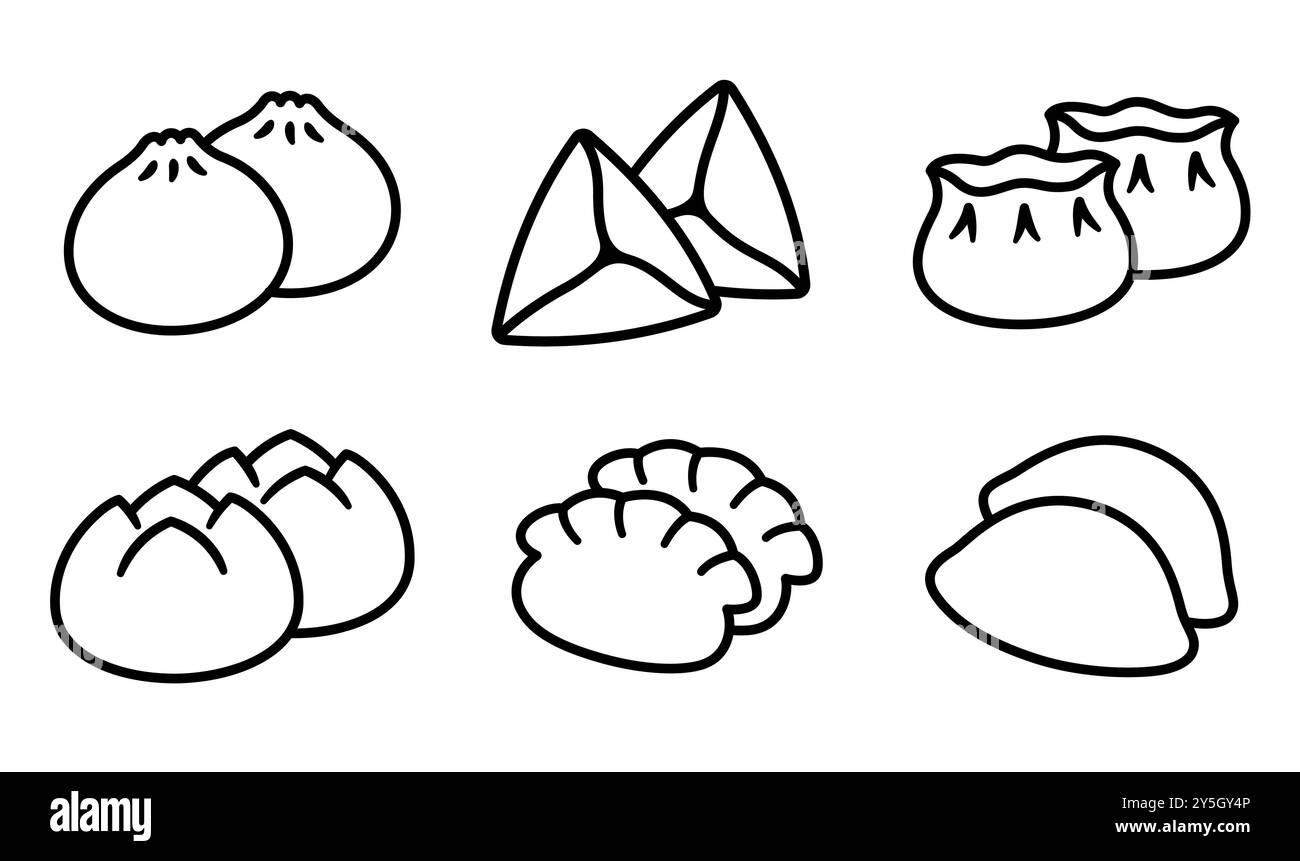 Different dumplings and buns hand drawn doodle set. Black and white ...