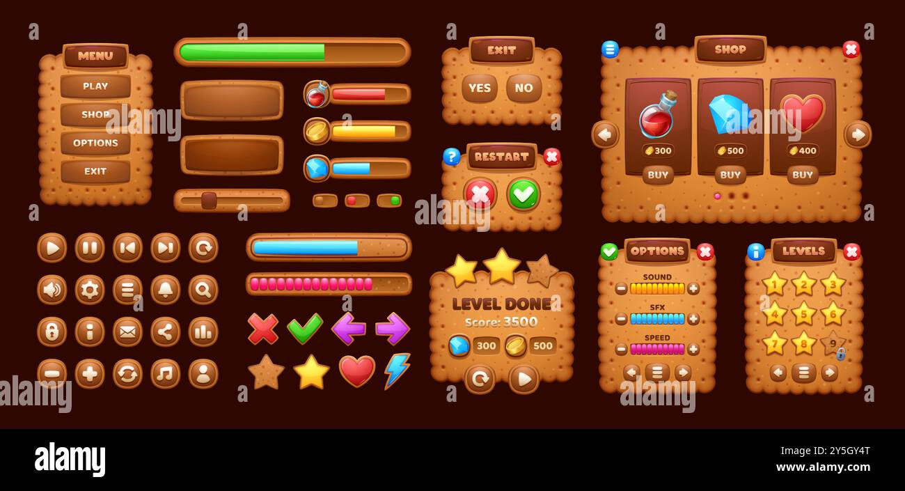 Cookie cracker game interface. Ui game elements, including cartoon ...