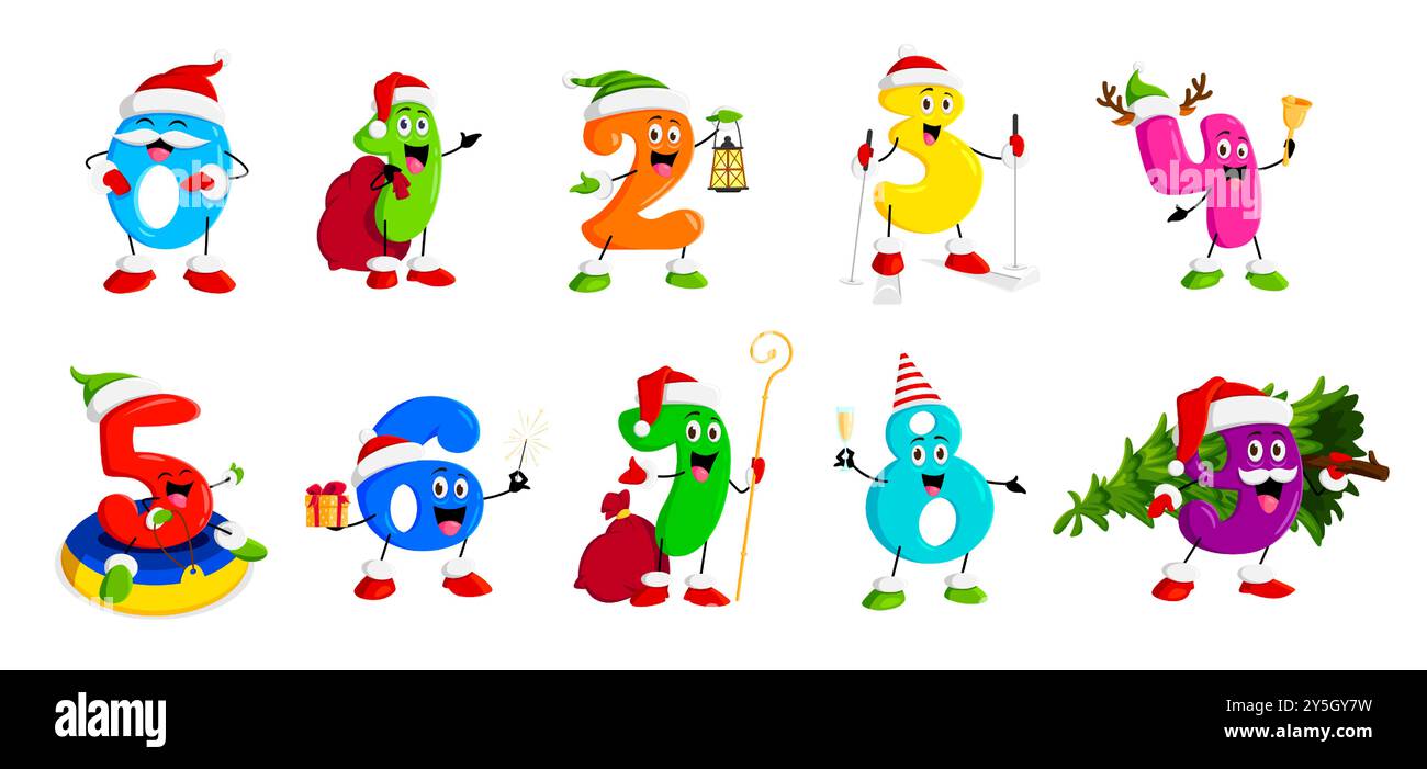 Cartoon math numbers, Christmas and New Year characters for winter ...