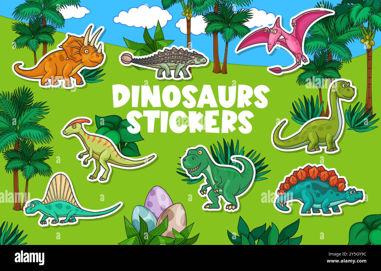 Stickers pack of funny cartoon dinosaur characters in natural landscape ...