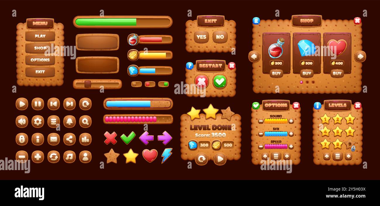 Cookie Cracker Game Interface Ui Game Elements Including Cartoon Windows Options Settings