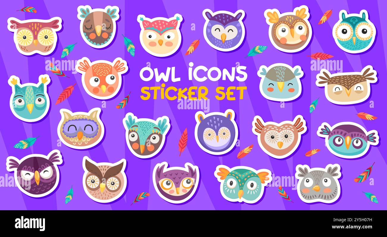 Cartoon owl bird characters stickers pack of funny cute faces, vector ...