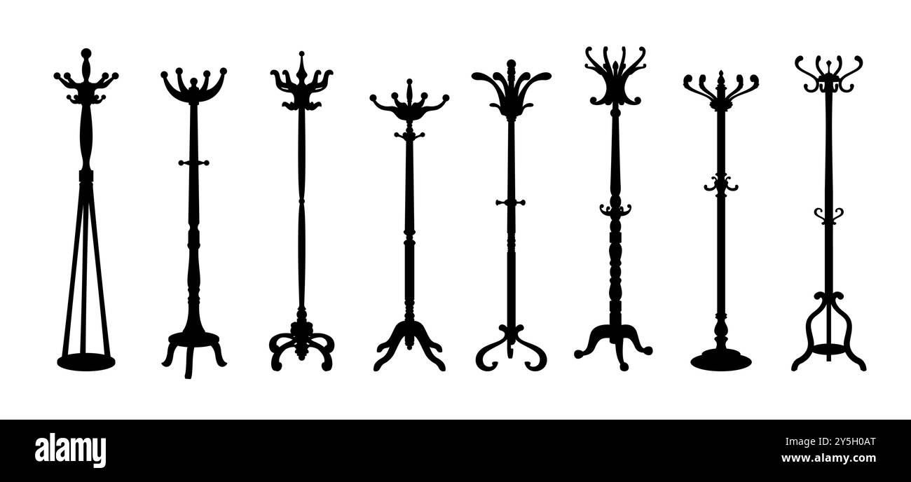 Coat and hats racks with hangers for dress garments, vector silhouette ...