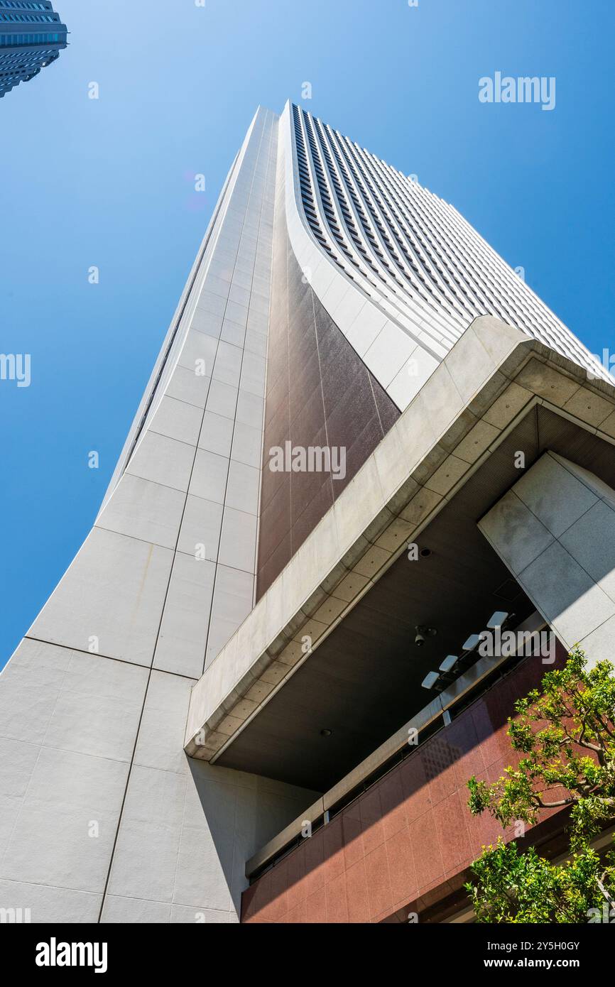 View up the SOMPO building in Shinjuku, Corner angle of the concrete ...