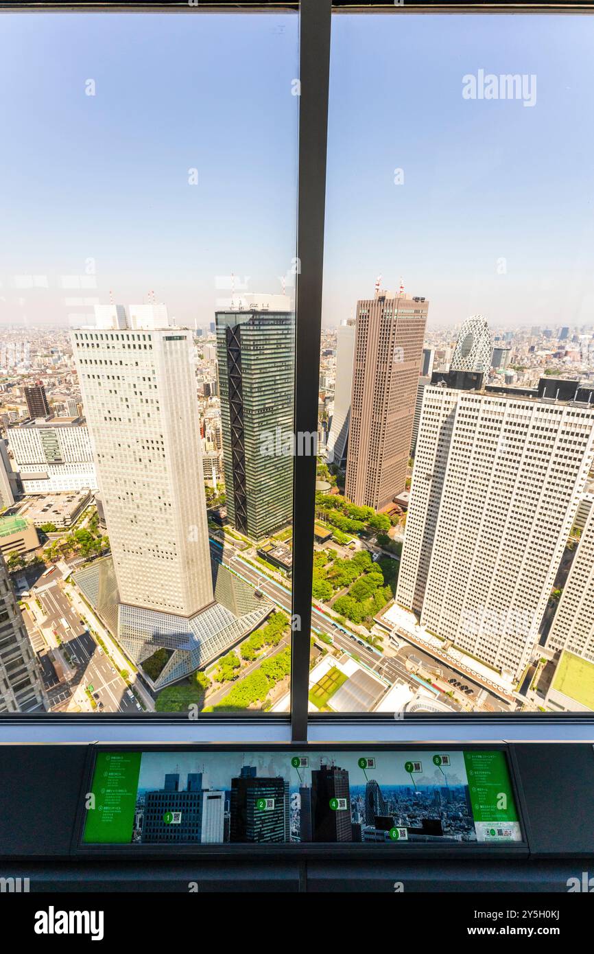 Window frame view of high rise office blocks and Tokyo skyline seen ...