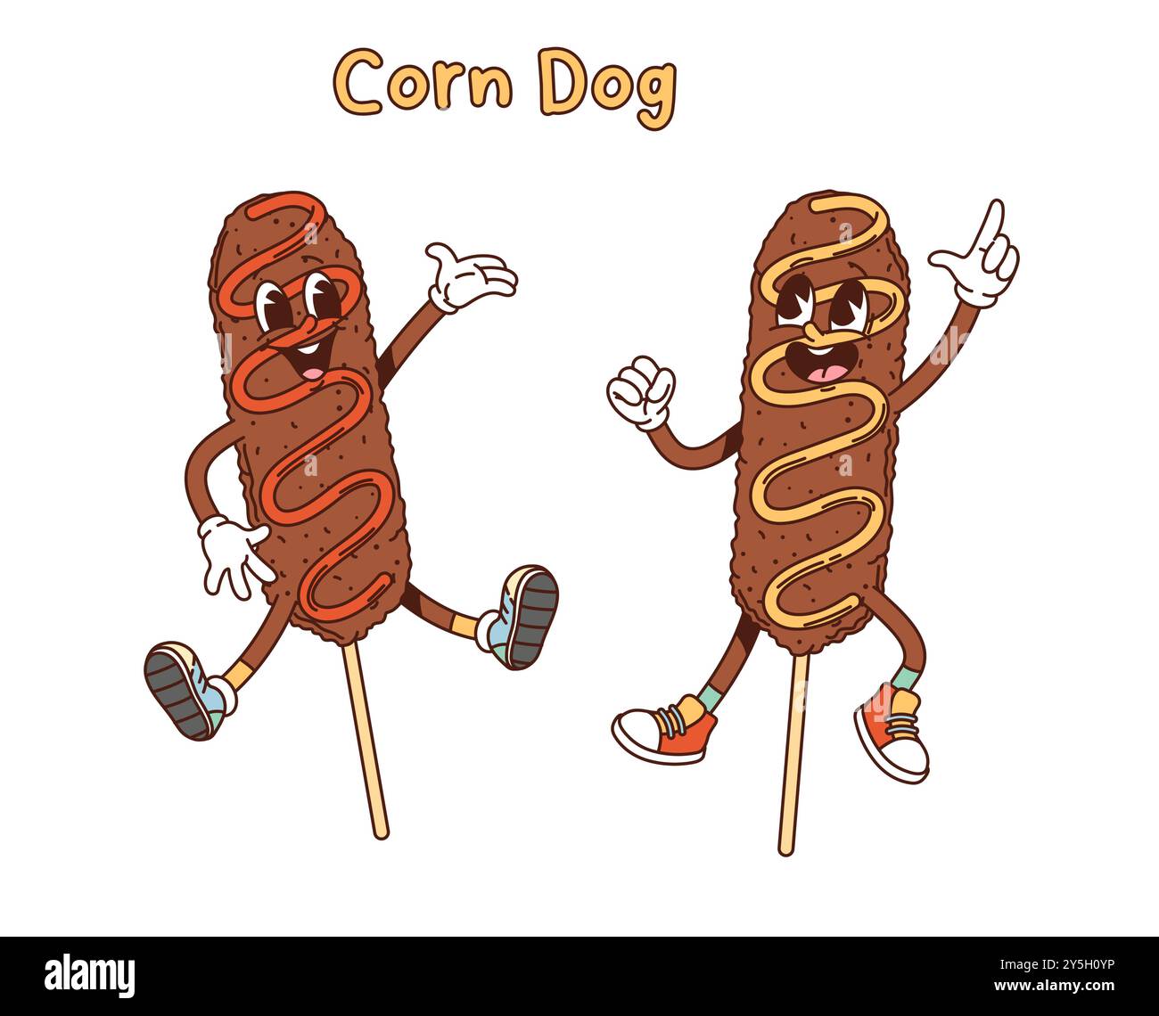 Cartoon groovy Korean corn dog characters. Isolated vector sausages on ...