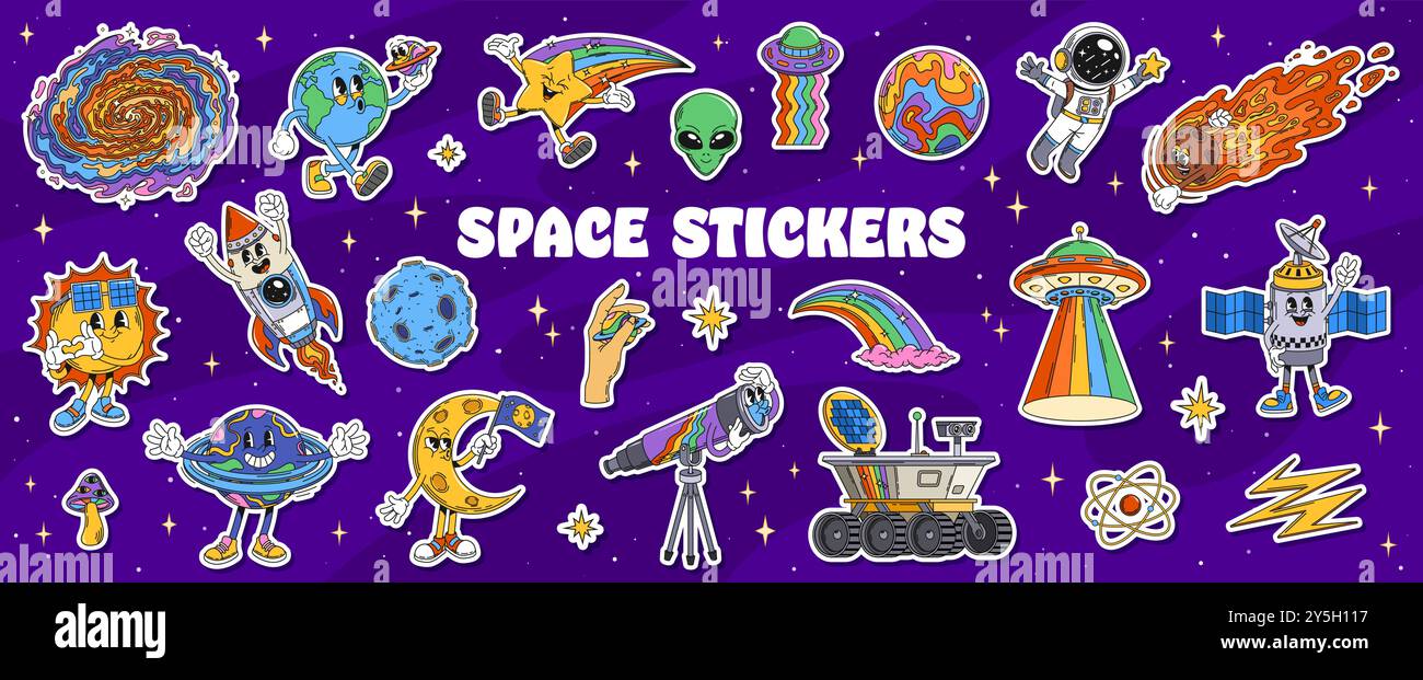Groovy space characters stickers pack including planets, astronauts ...