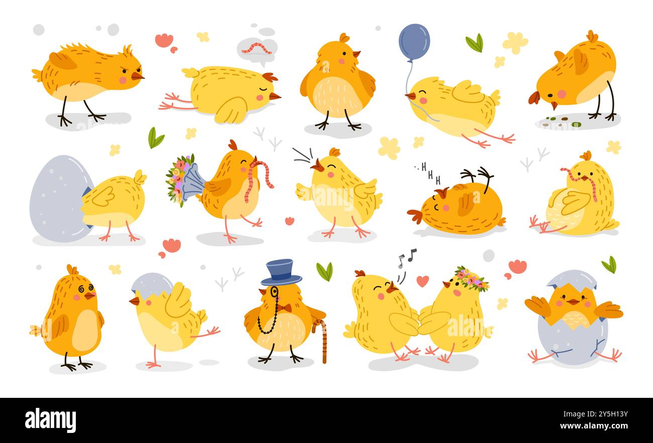 Cartoon funny chick characters, cute Easter bird baby vector set ...
