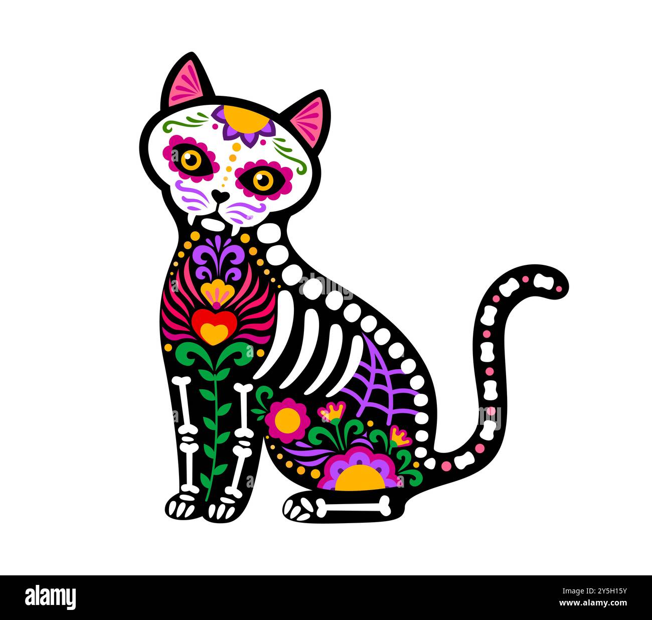 Day of the dead Mexican cat animal skeleton tattoo. Isolated cartoon ...