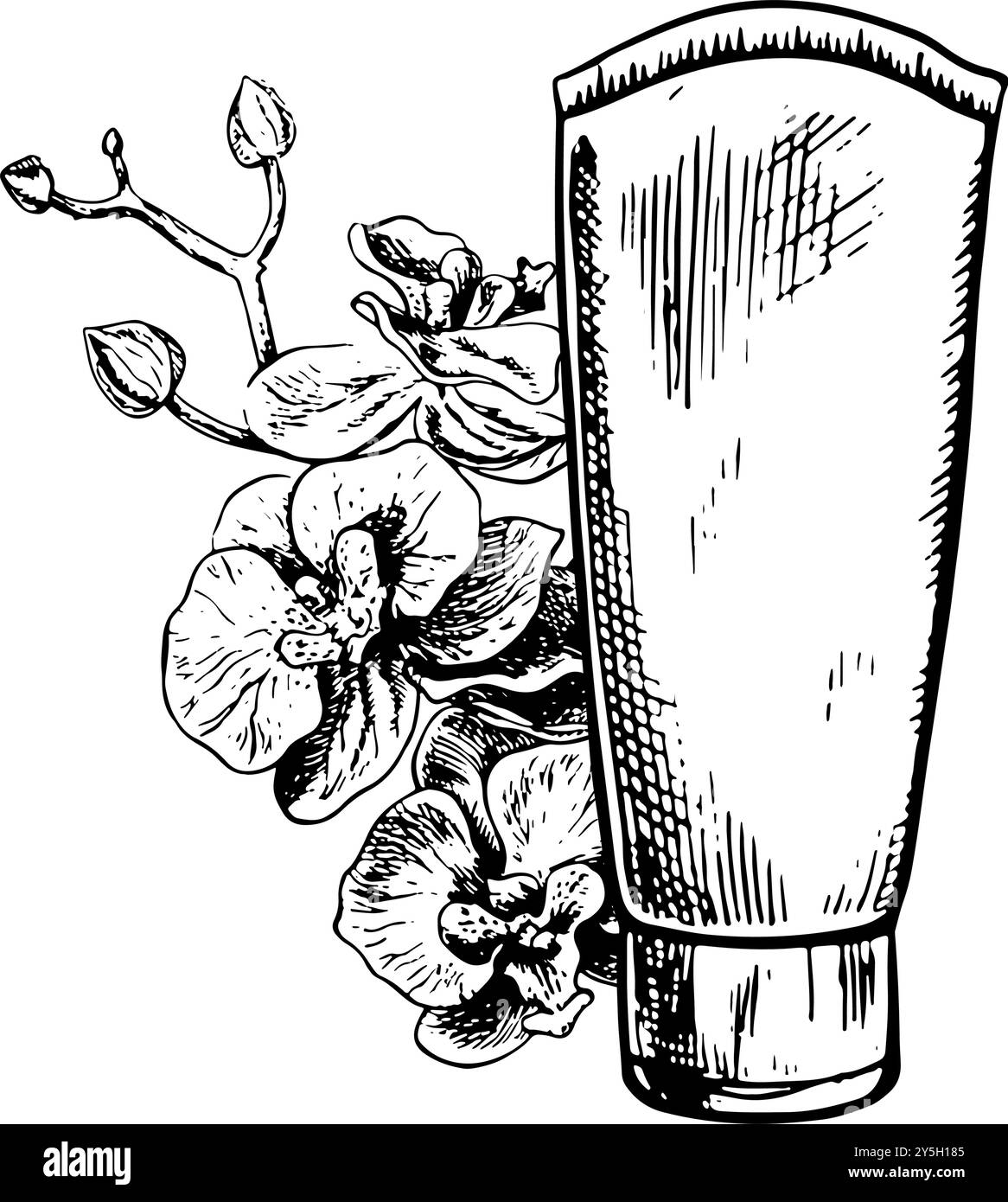 Face, hand and body cream with orchid flower extract. Black and white ...