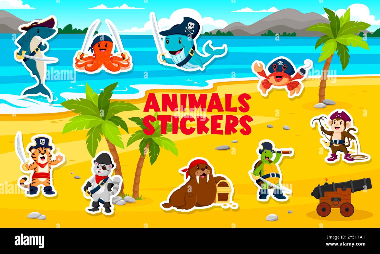 Cartoon sea pirate animal characters stickers pack. Playful adventurous ...