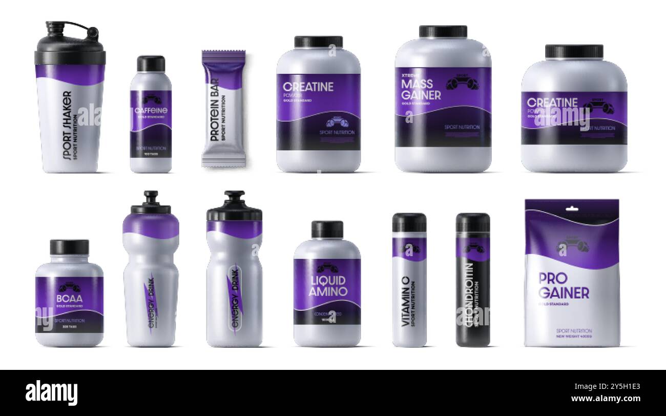 Sport nutrition packages. Realistic 3d vector mockups of protein shakes ...