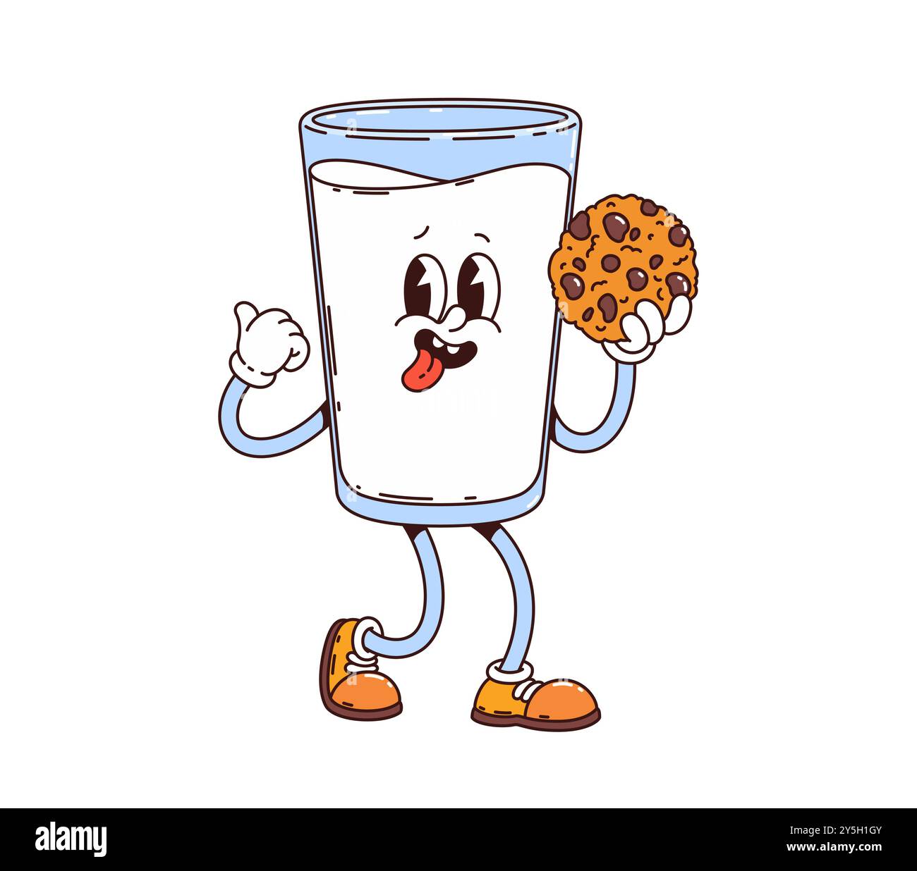 Glass of milk retro groovy breakfast character holding a chocolate chip ...