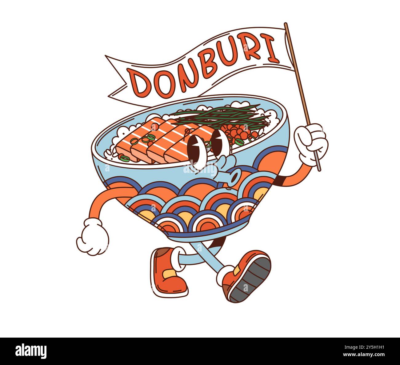 Cartoon groovy tekkadon donburi character cheerfully waving a flag ...