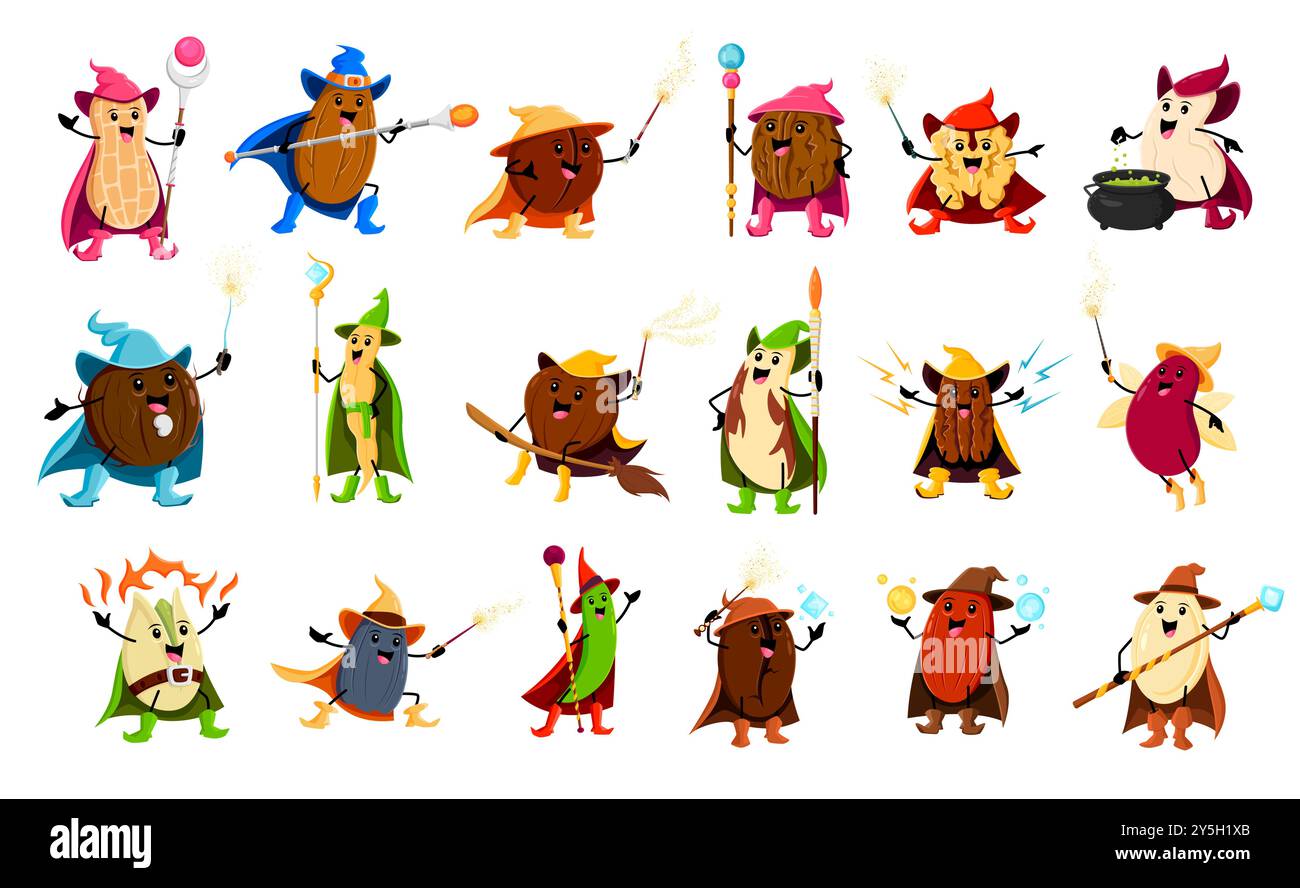 Cartoon nut, bean and legume wizard and sorcerer characters. Vector ...