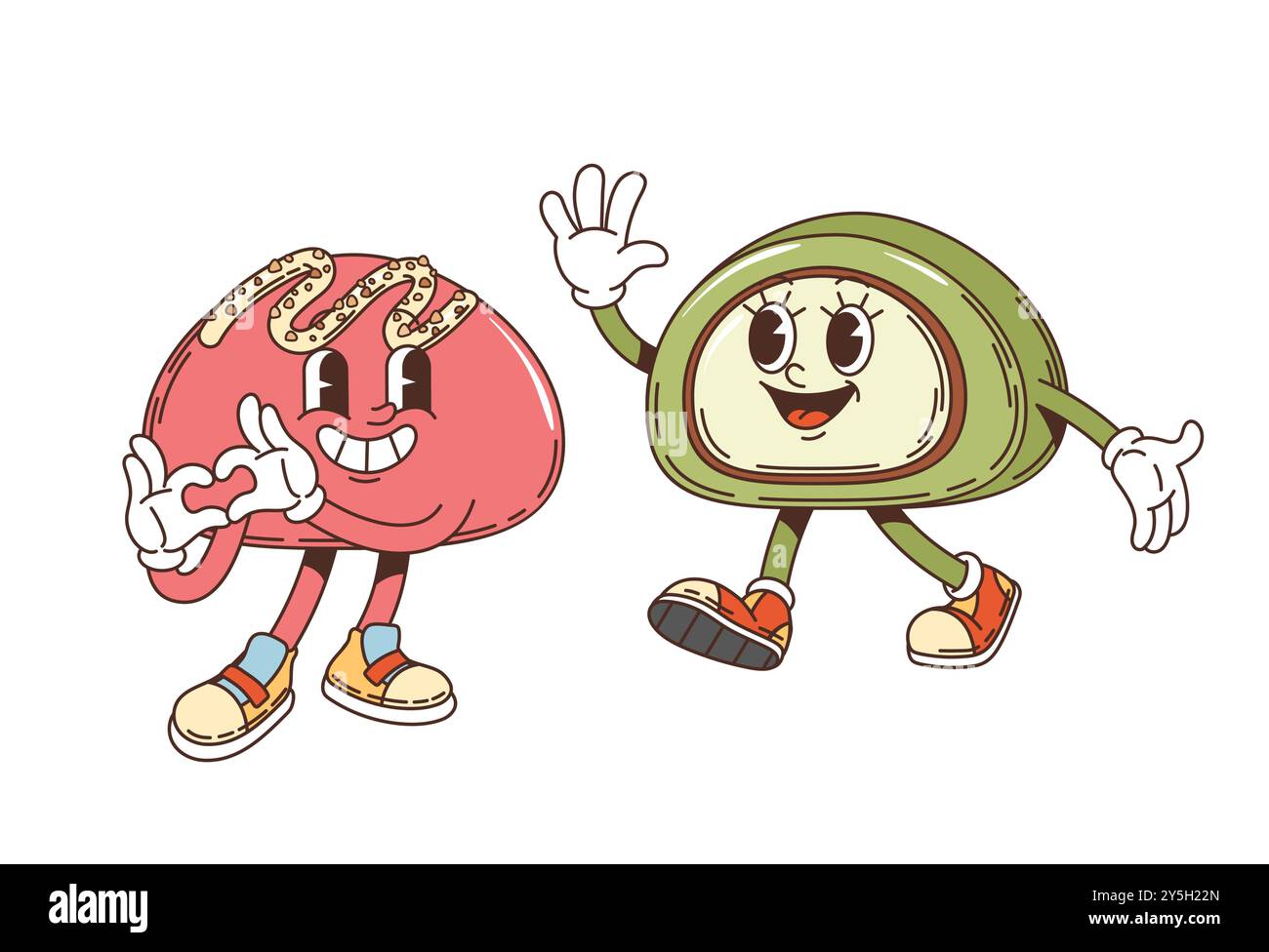 Retro cartoon Japanese mochi groovy characters with happy faces, vector ...
