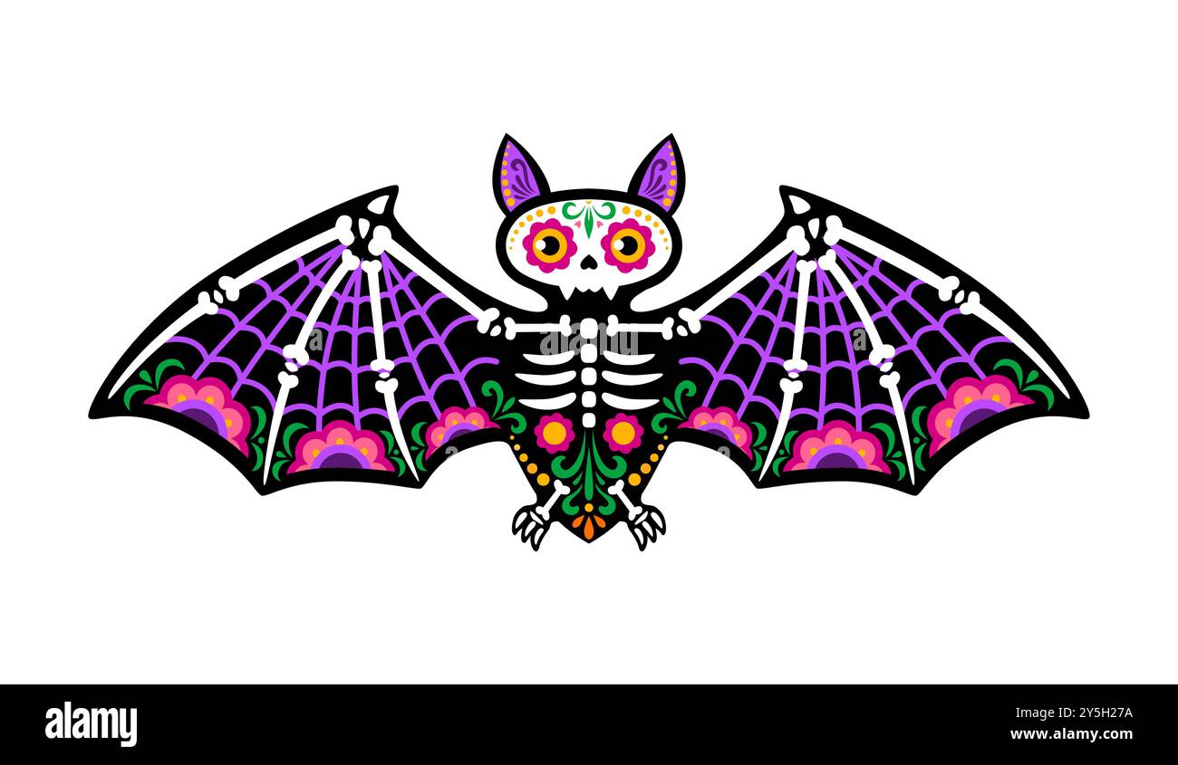 Day of the dead Mexican bat animal skeleton tattoo. Vector flittermouse ...