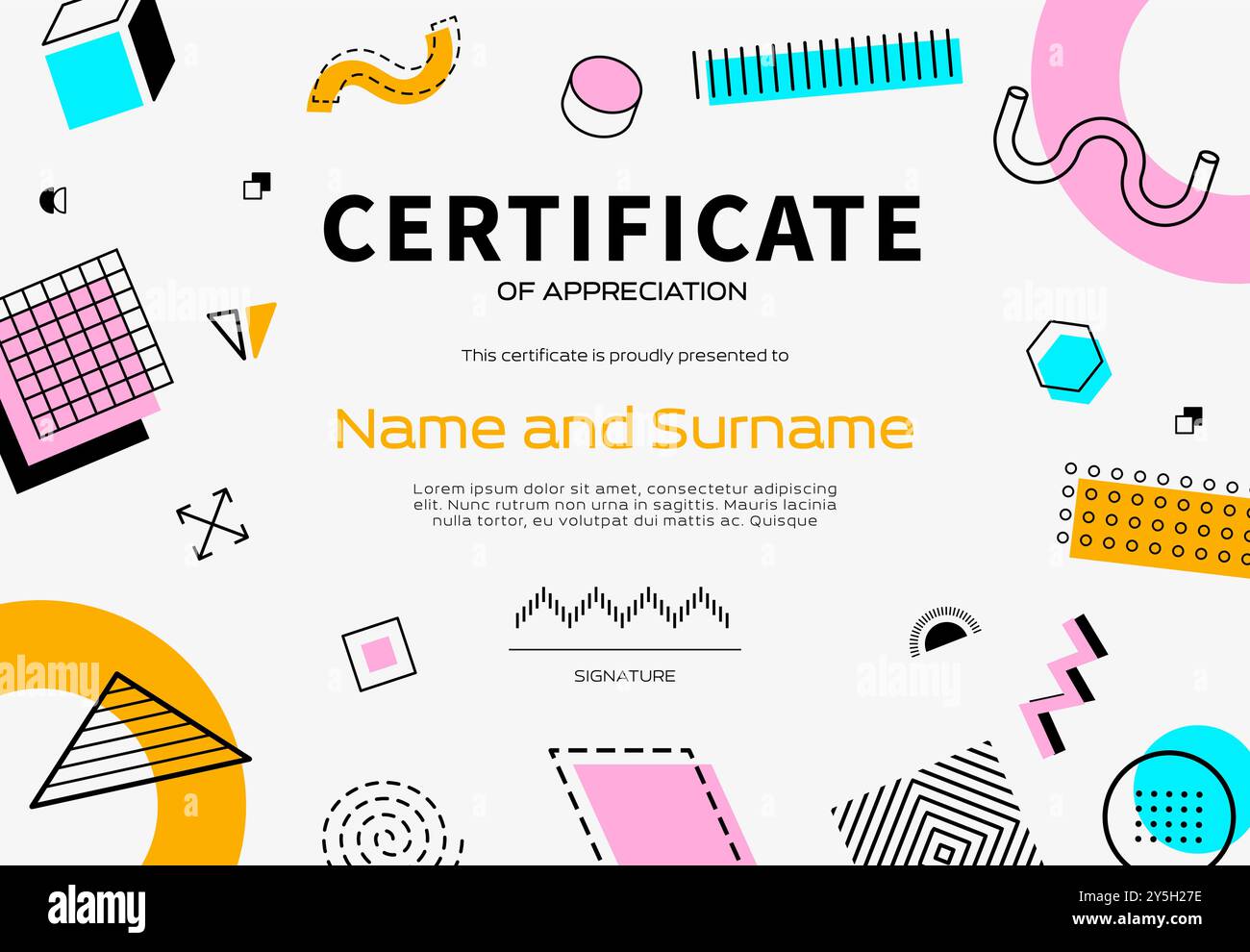 Certificate template with abstract geometric Memphis shapes, vector ...
