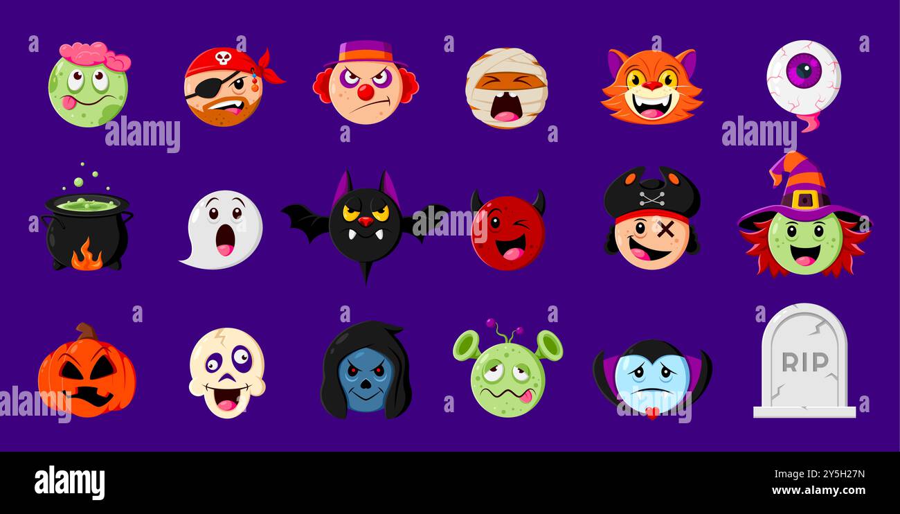 Halloween holiday emoji set, cartoon monsters and ghost emoticons and ...