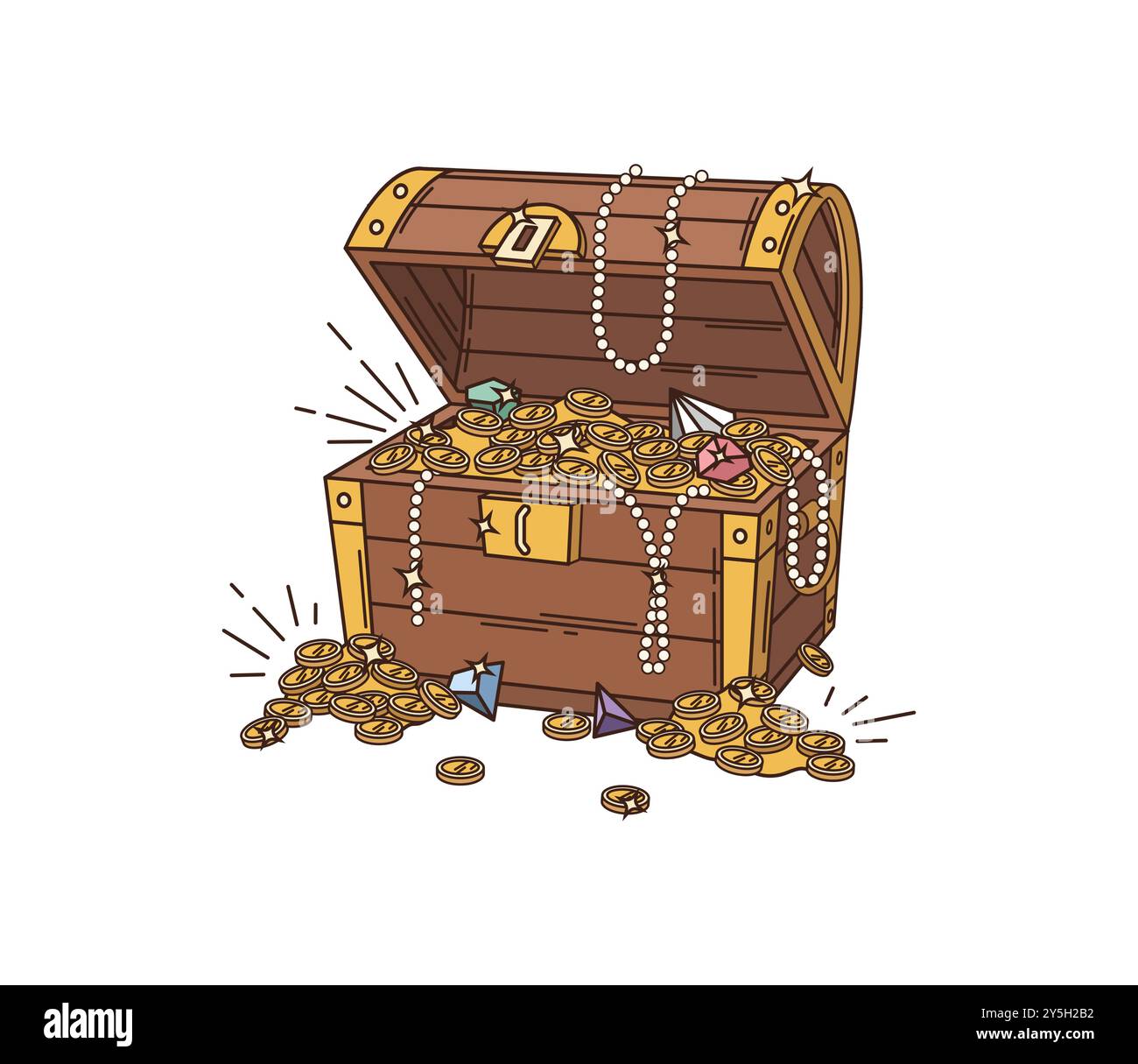 Cartoon groovy pirate and corsair treasure chest with gold and jewels ...