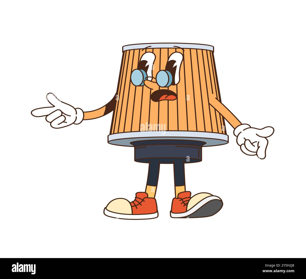 Cartoon groovy car oil filter character with surprised face and glasses ...