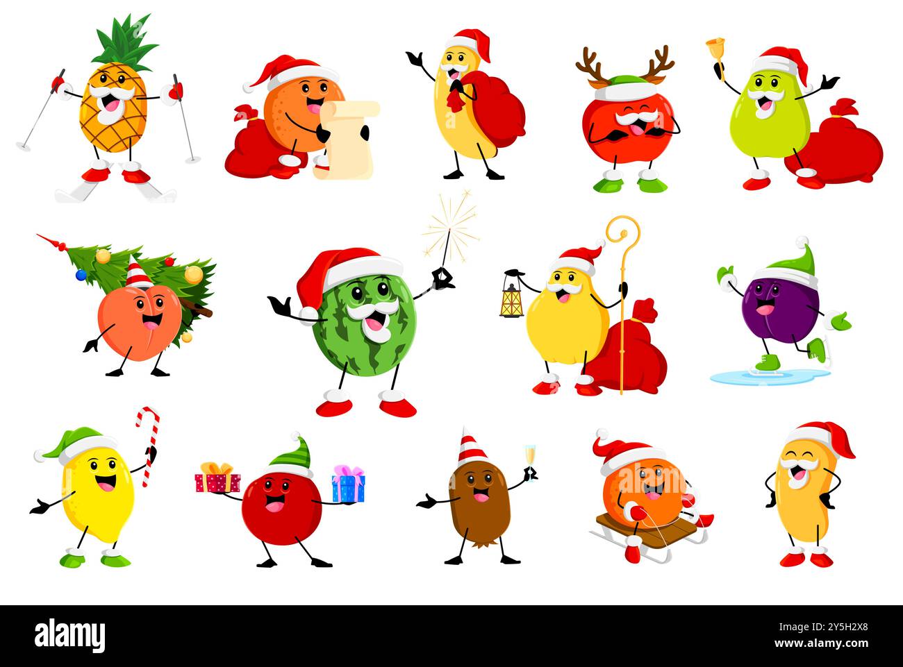 Cartoon cheerful Christmas holiday fruit characters. Christmas season ...