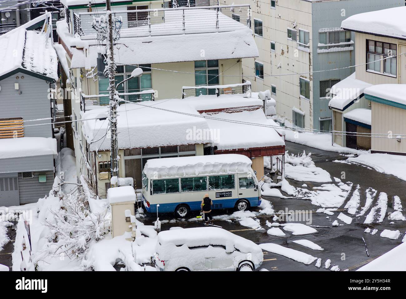 Heavy, fresh snowfall in the Japanese ski resort area of Yuzawa Stock ...