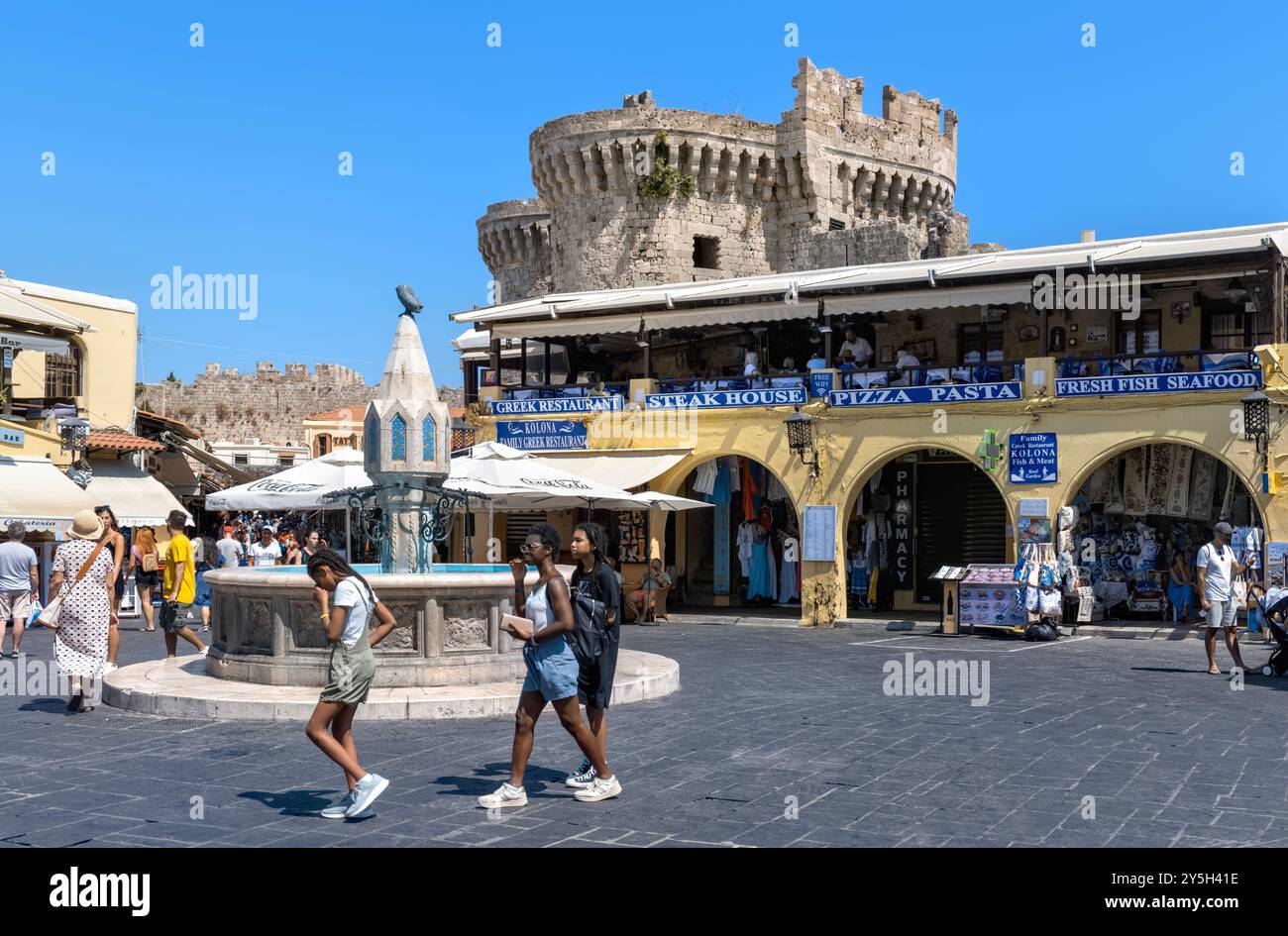 Alexander the Great Square, Rhodes, Greece with tourists Stock Photo ...
