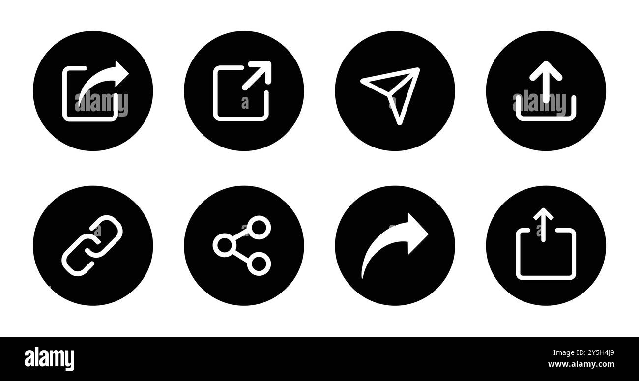 Share icon buttons set in black circle. Share icon set isolated on white background. Share icon ...