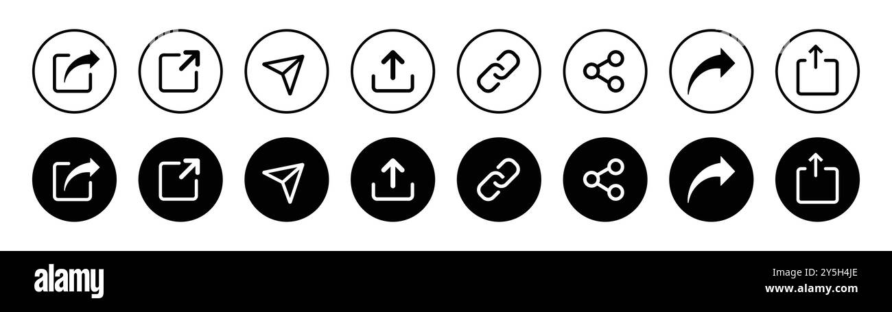 Share icon buttons set. Share icon set isolated on white background. Share icon in flat and ...