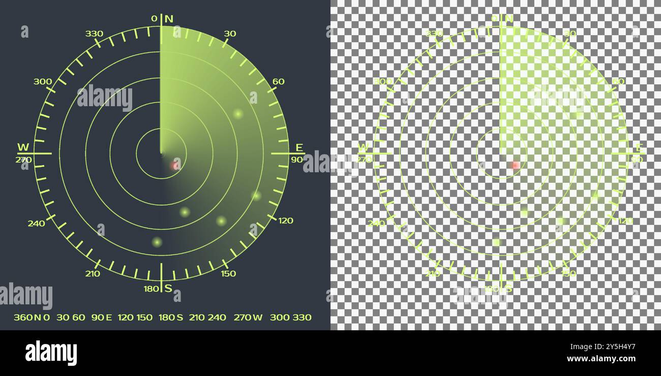 Isolated radar screen. Radar beam, fading trace and circles with ...