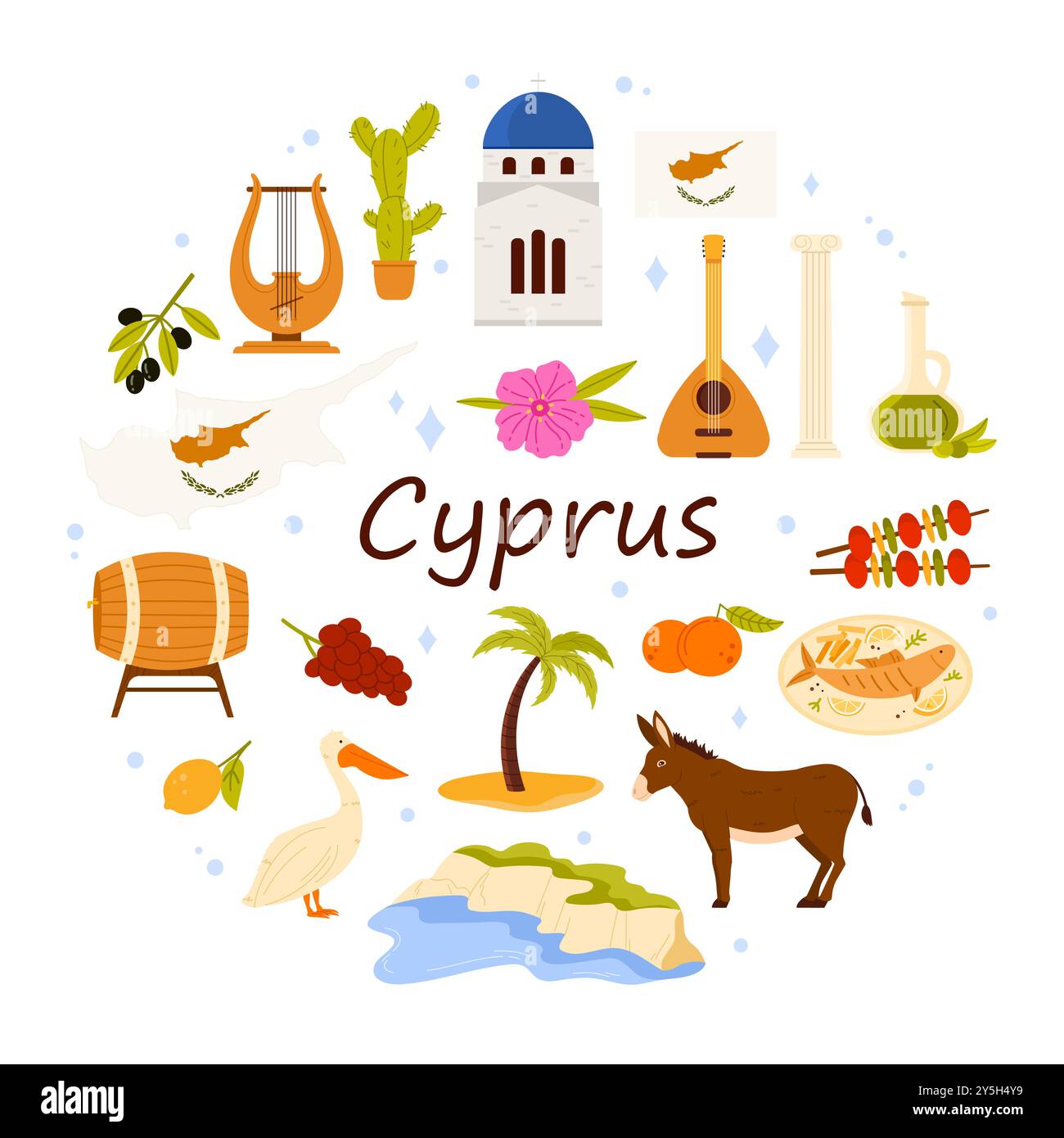 Travel to Cyprus set, culture elements and landmarks, food in round ...