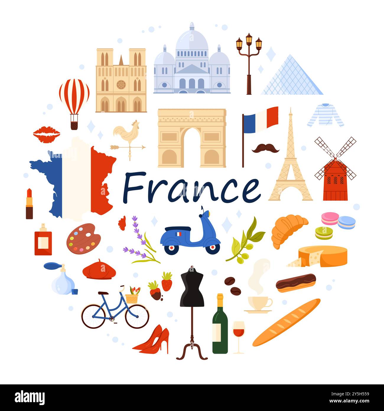 French culture elements and landmarks, flag and map of France, food ...
