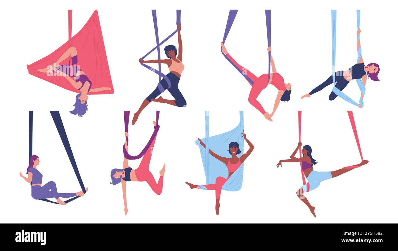 Girls training aerial yoga poses set. Young female characters flying ...