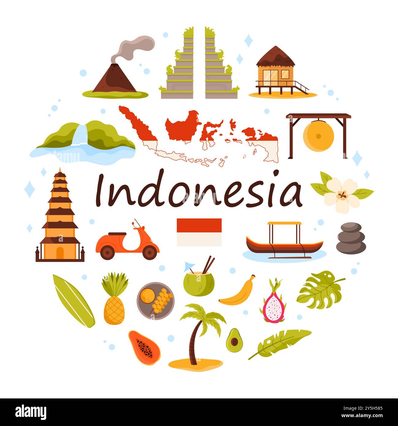Travel to Indonesia set, culture elements and Hindu temple, landmarks ...