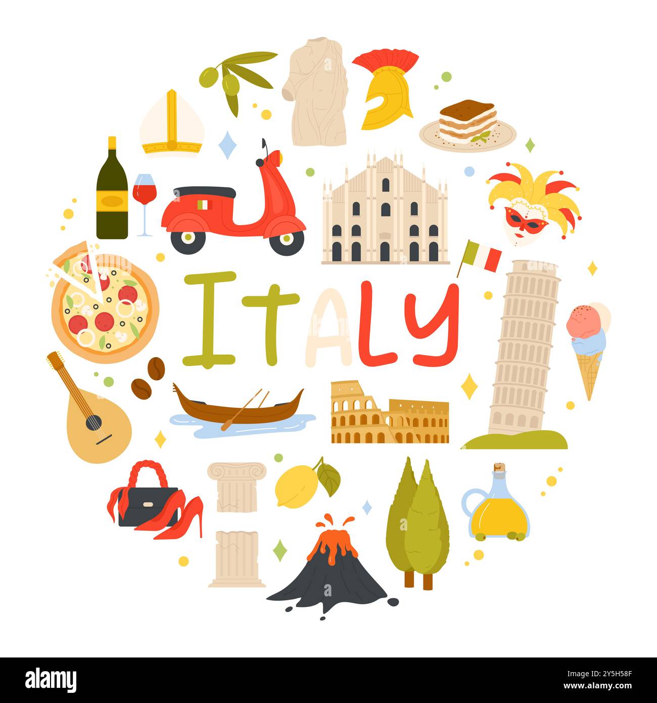 Travel to Italy, round design template with national culture symbols ...