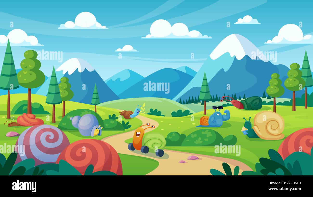 Summer mountain landscape with comic snails on road and meadow ...
