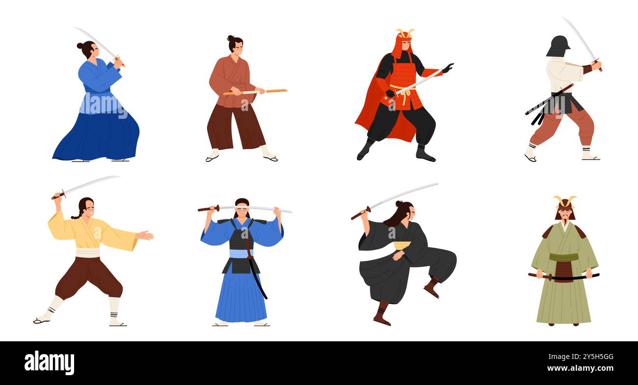 Samurai characters in different positions set. Japanese ancient male ...