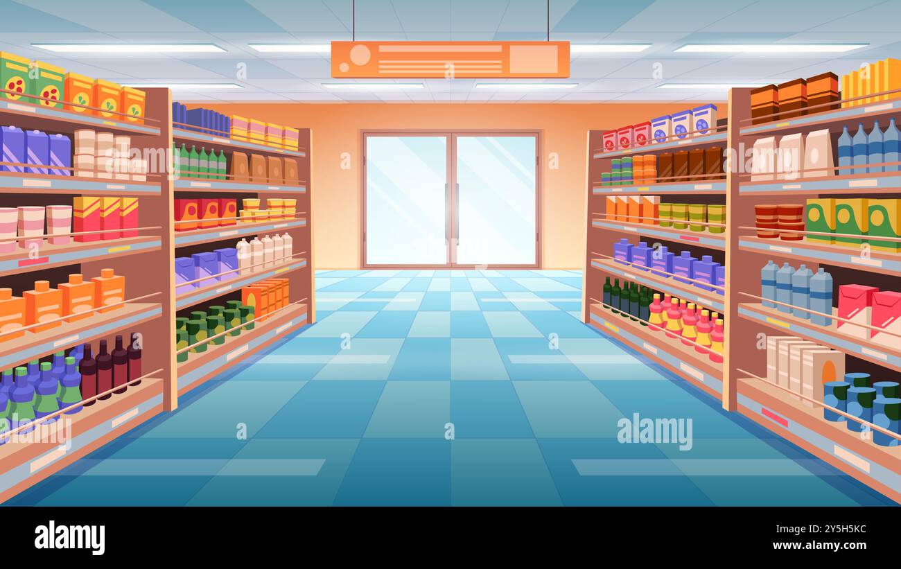 Cartoon vector illustration of modern supermarket perspective view ...