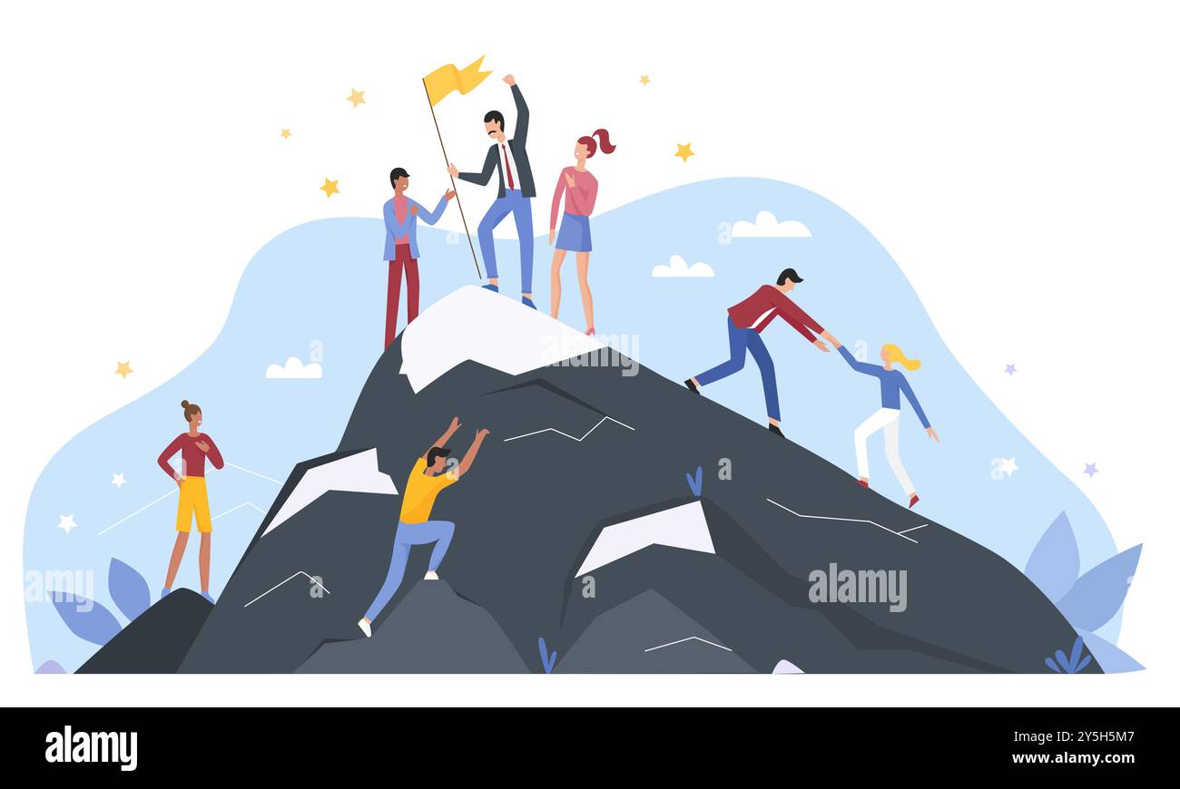 Vector illustration of a team helping each other climb a mountain peak ...