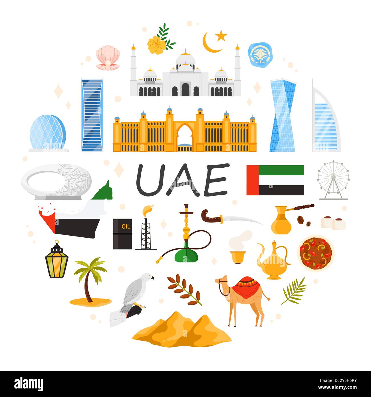 Travel to UAE, set of culture elements and landmarks in round infographic banner. Museum of ...
