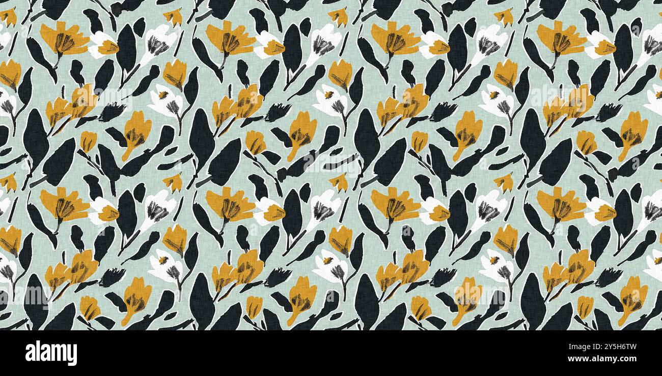 Modern printed fabric flower block print pattern with linen texture ...