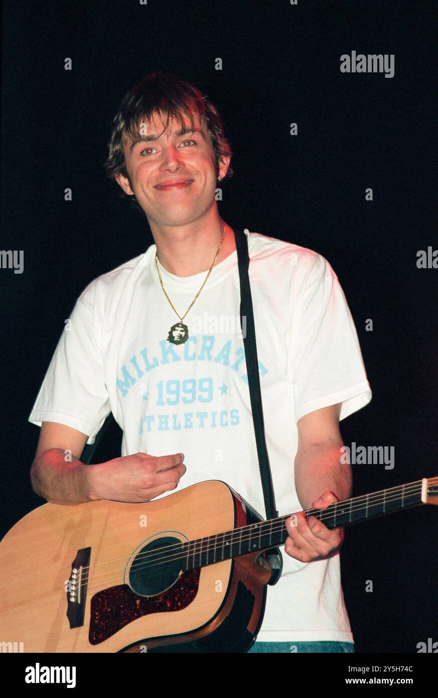 Damon Albarn, lead singer with Blur, British Britpop band, performing ...