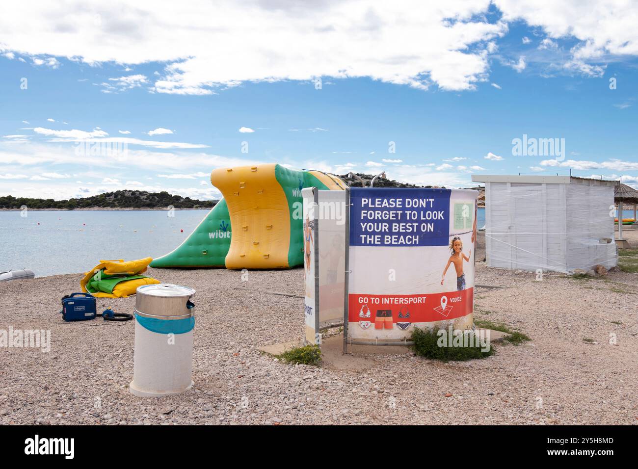 Tribunj, Croatia - September 14 2024: Beach facilities, trash can ...