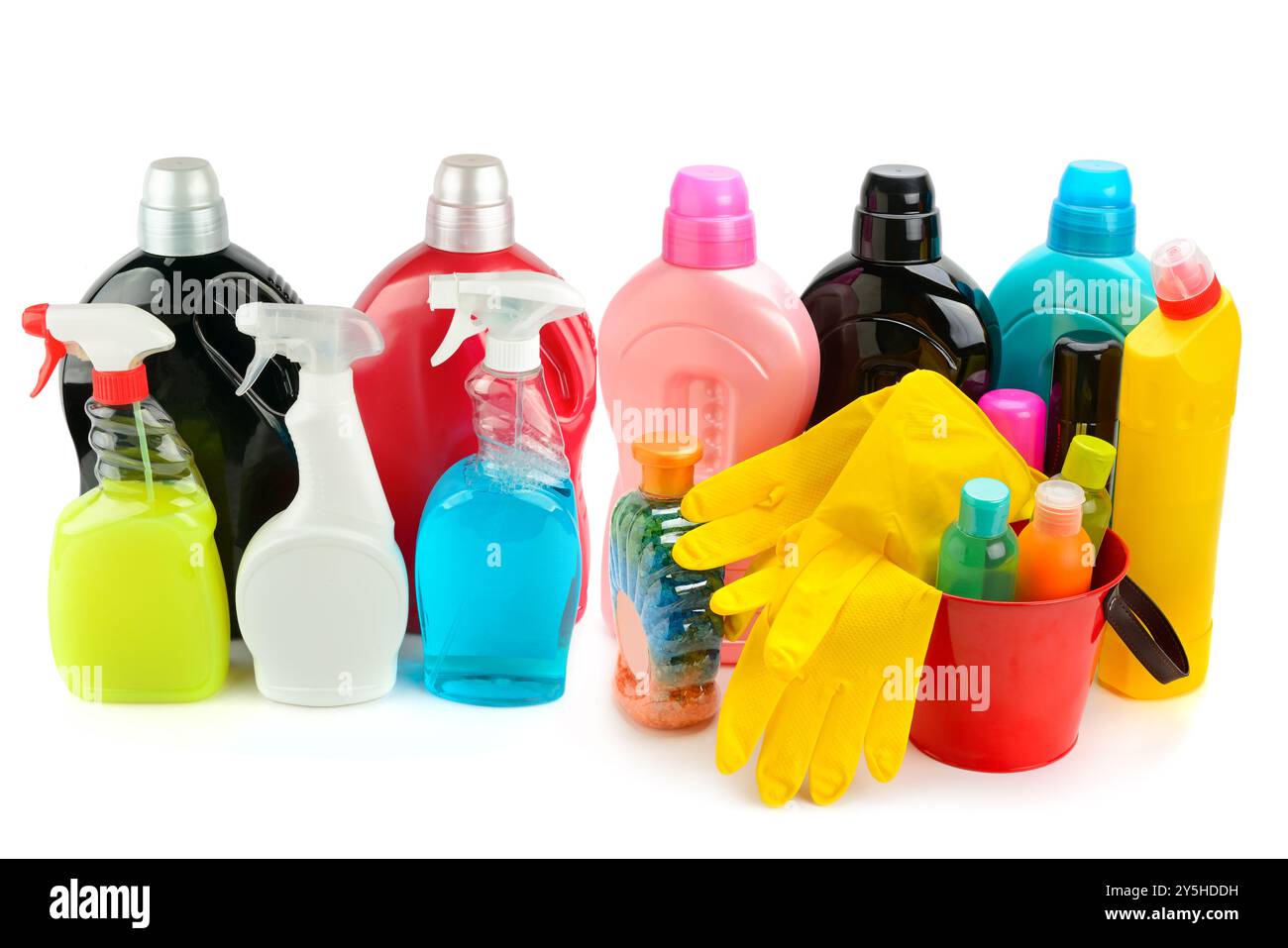 Bottles with household chemicals isolated on white background. Collage ...