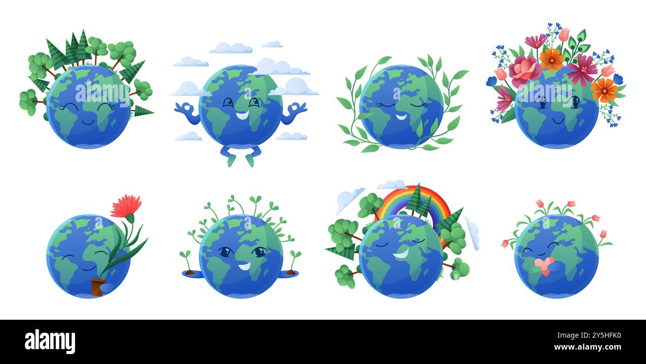 Happy Earth planet characters set. Funny globes with cute faces and ...