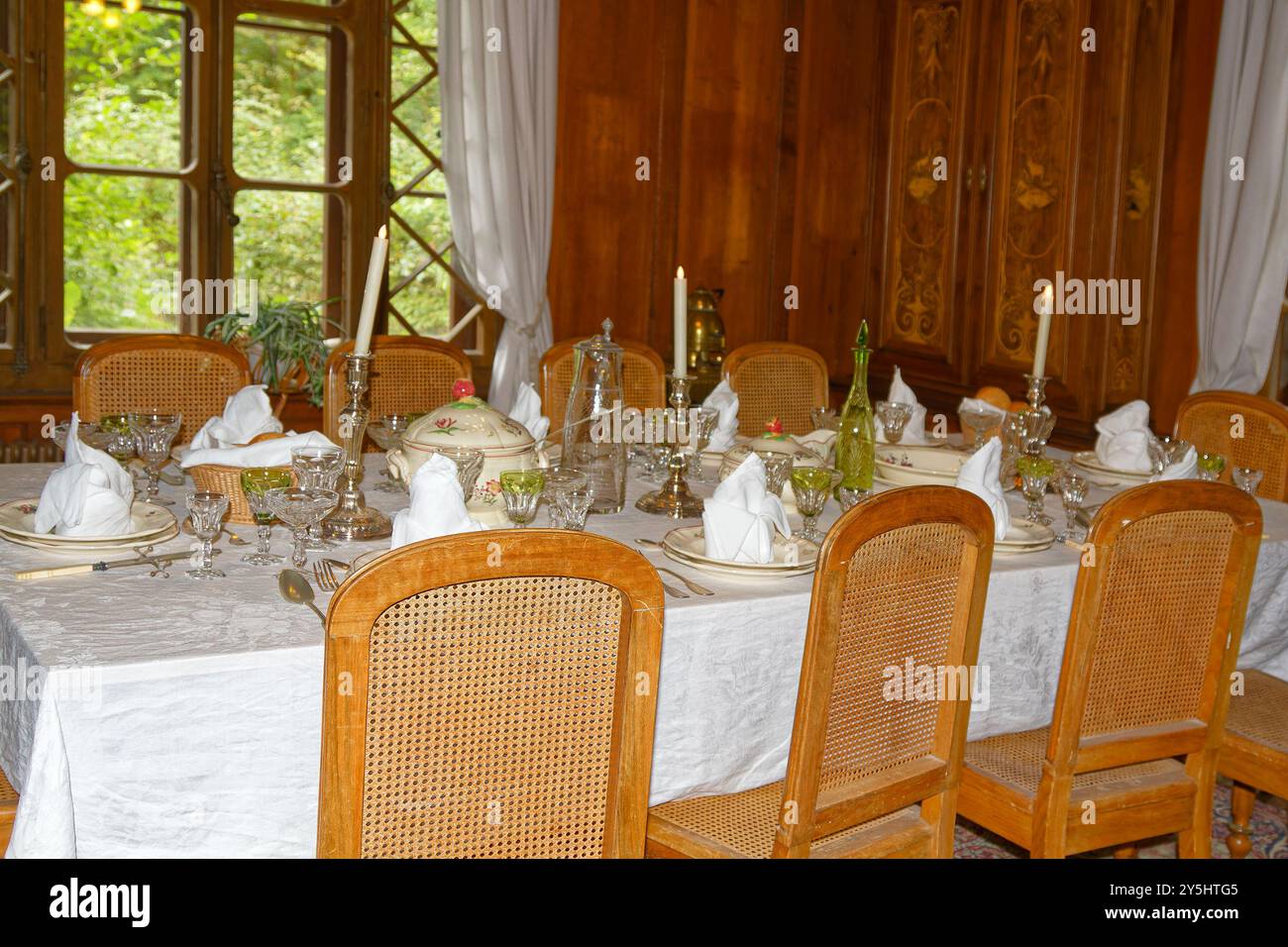 dining room, table set, elegant, cane chairs, dishes, glassware, table ...