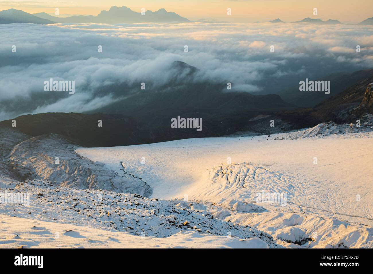 Aerial view close up Gergeti glacier tongue located on the southeastern ...
